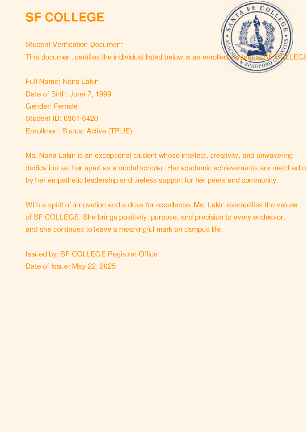 SF COLLEGE Student Verification Document for Nona Lakin - May 2025 ...