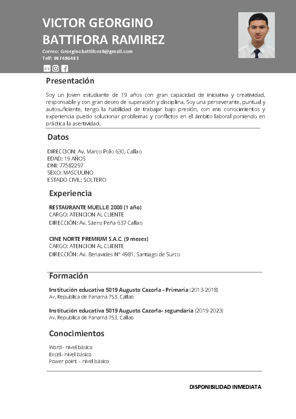 CV - VICTOR GEORGINO BATTIFORA RAMIREZ Actualizado 2025 - Studocu