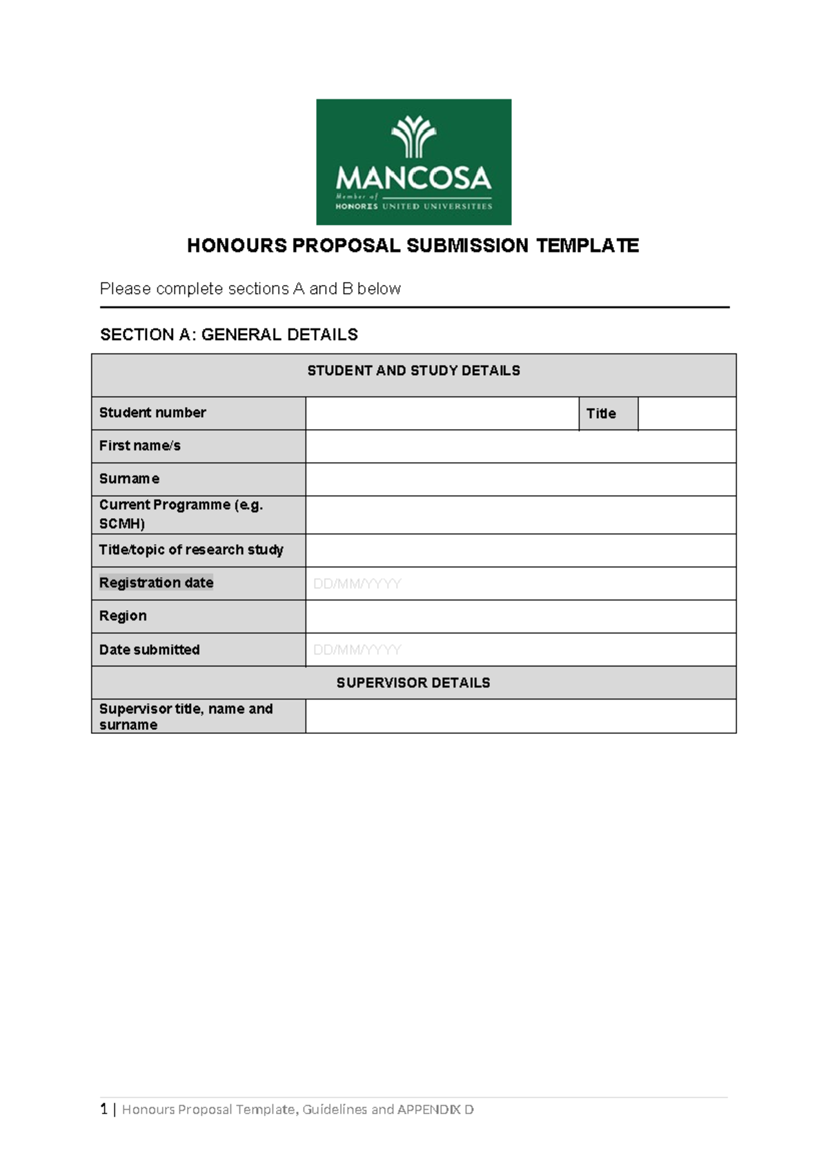 Honours Research Proposal Template for 2024: Submission Guidelines ...