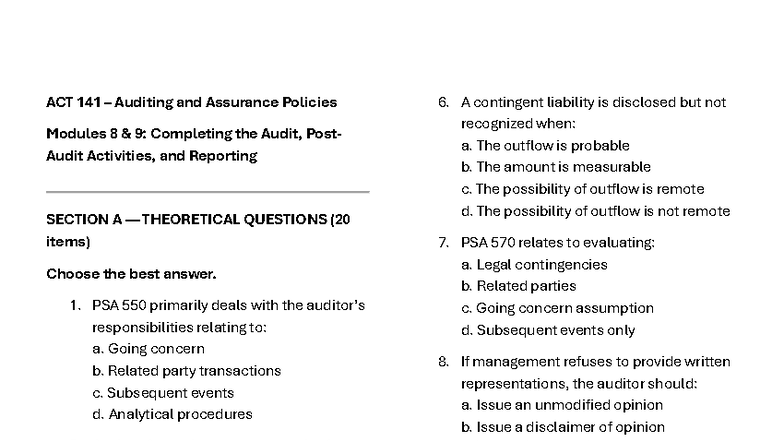 ACT 141 Auditing & Assurance: Practice Tests for Modules 8 & 9 - Studocu