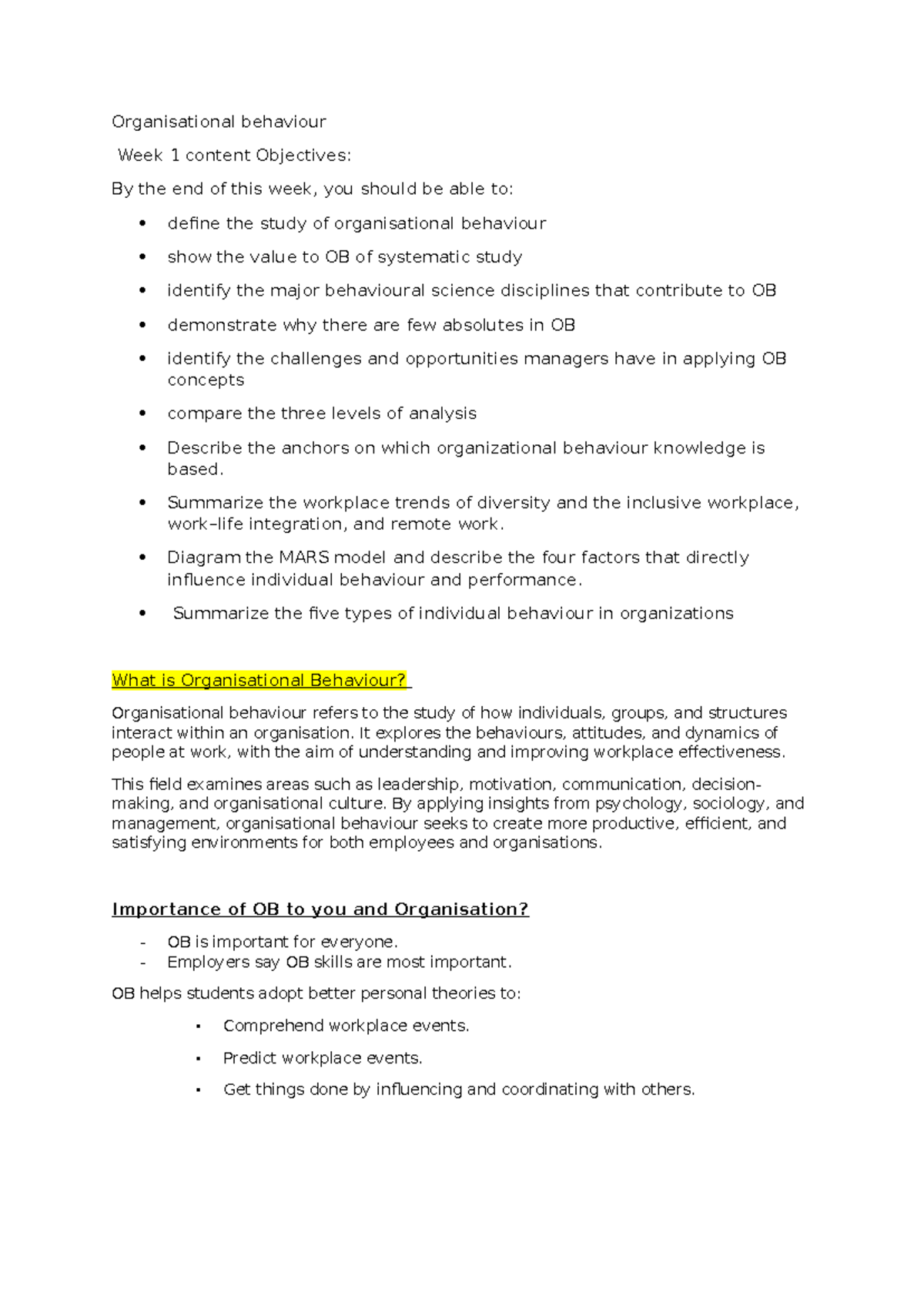 Organisational Behaviour (OB) Week 1 Summary: Key Concepts & Insights - Studocu