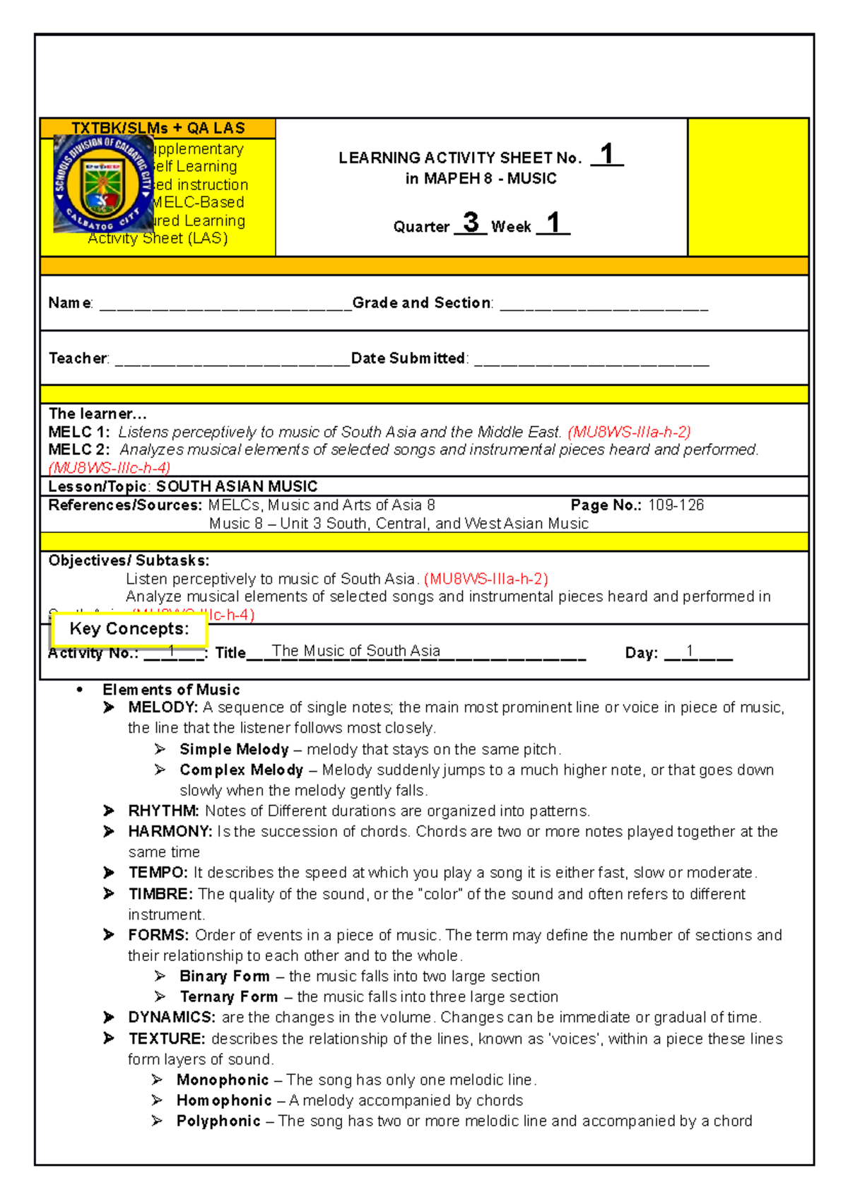 Q3 LAS Grade 8 Music WEEK 1 - TXTBK/SLMs + QA LAS LEARNING ACTIVITY ...