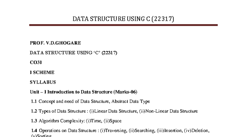 DATA STRUCTURE USING C (22317) - Comprehensive Syllabus Overview - Studocu