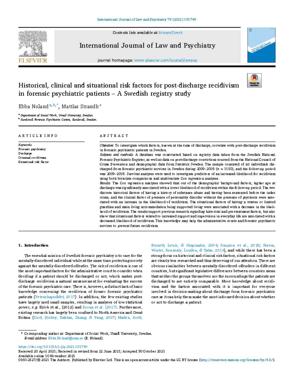 Historical and Situational Risk Factors for Recidivism in Forensic ...