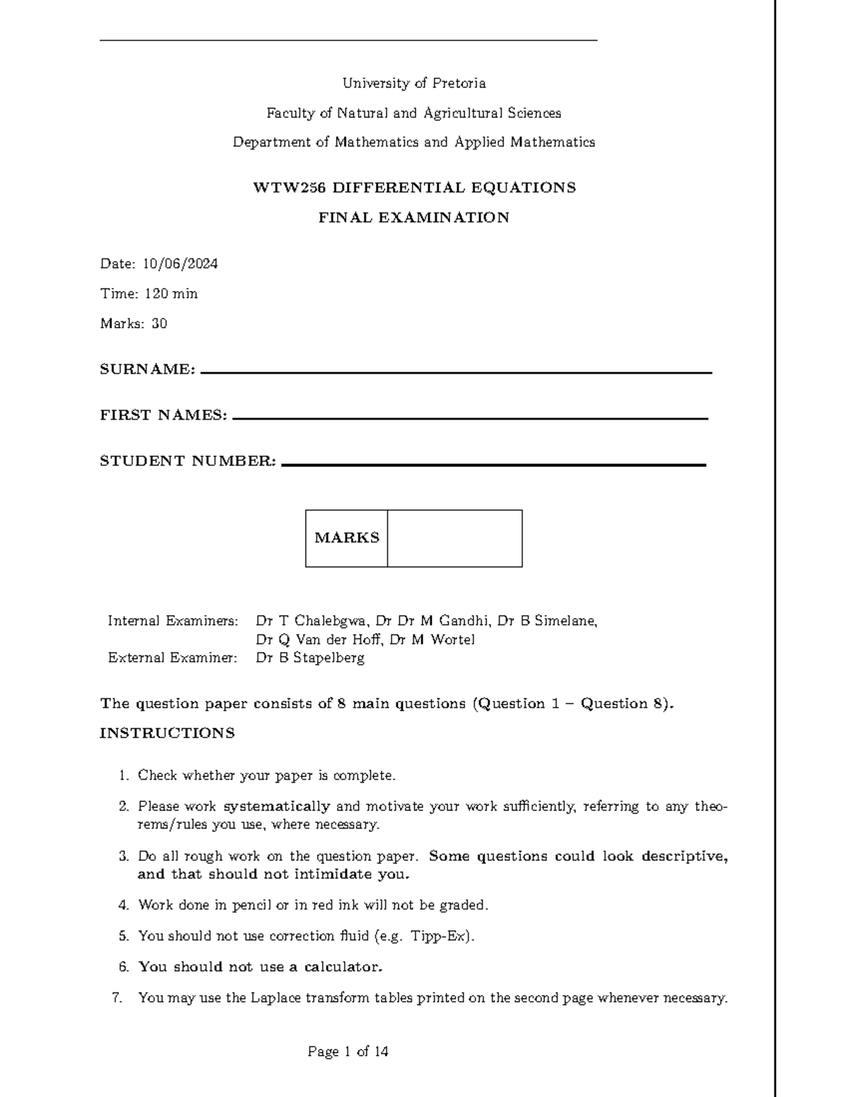 WTW256 Differential Equations Final Exam Memo 2024 - Studocu
