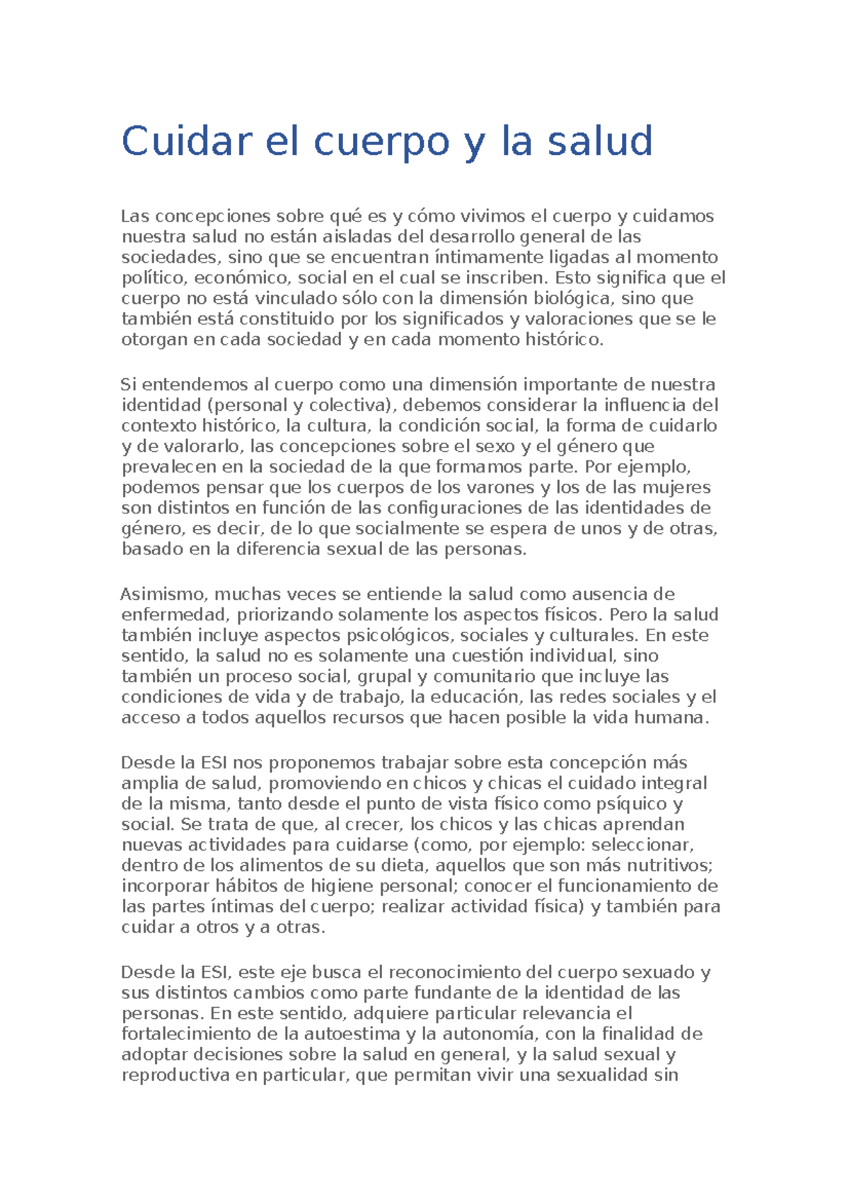 Cuidado Integral del Cuerpo y la Salud en la ESI - Studocu
