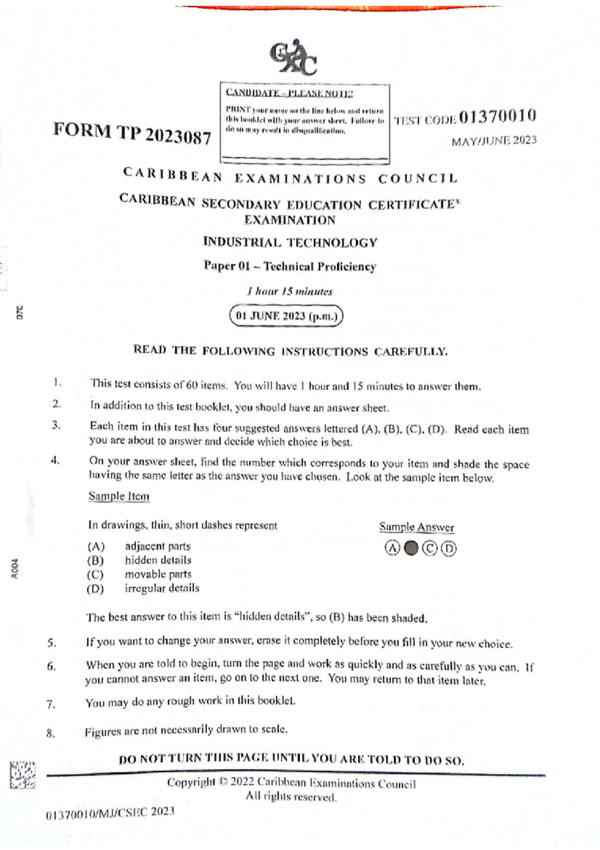 CSEC Industrial Technology Paper 01 Exam Instructions & Questions 2023 ...