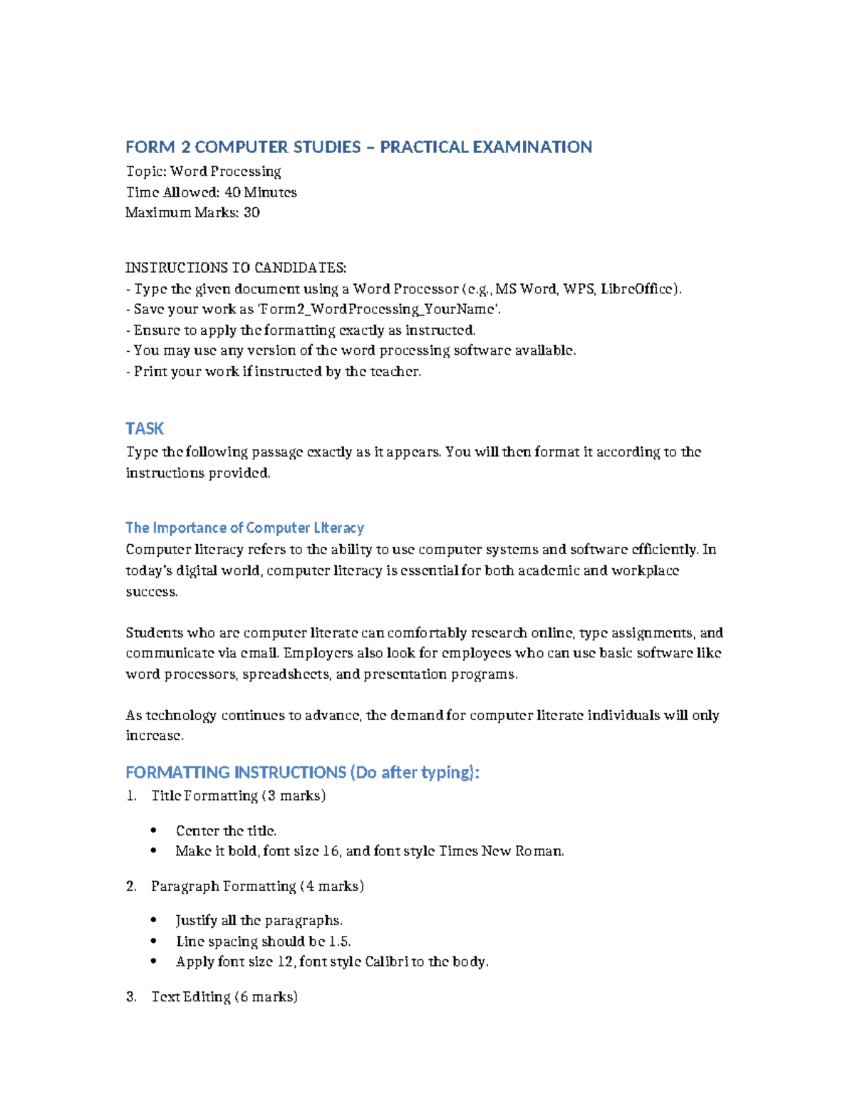 FORM 2 COMPUTER STUDIES PRACTICAL EXAM: Word Processing Guide - Studocu
