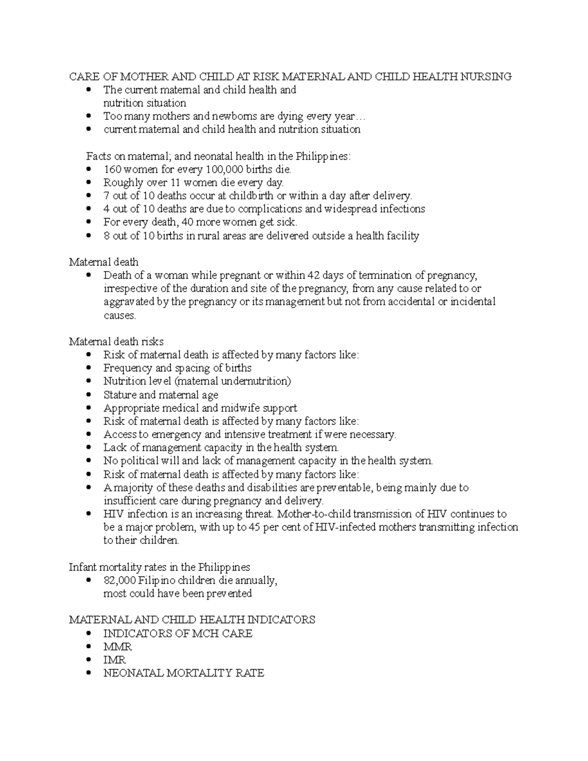 Mother and Child Nursing MCH Care: Lesson 1 Overview - Studocu