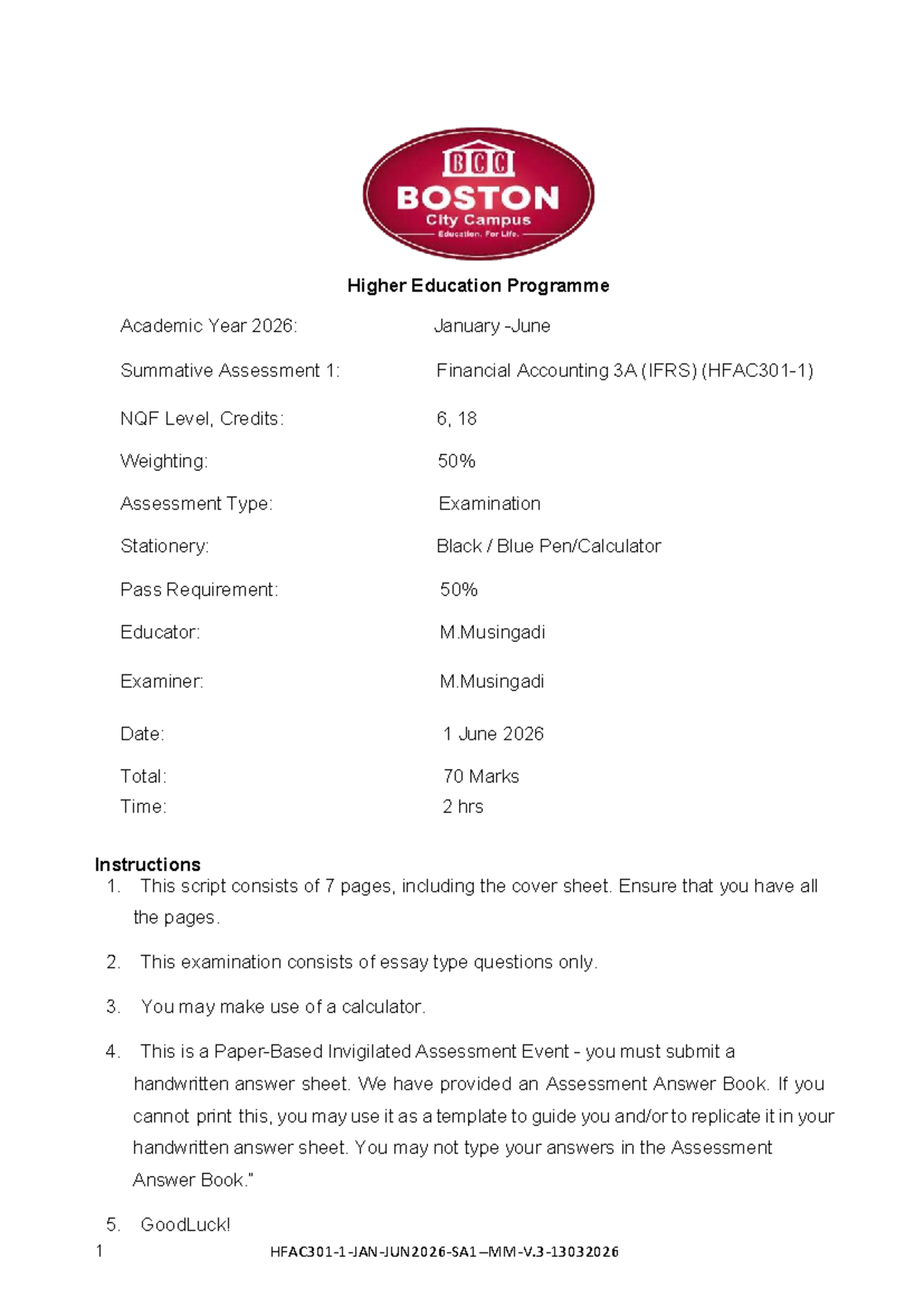 HFAC301-1 Financial Accounting 3A Summative Assessment 1 - Studocu