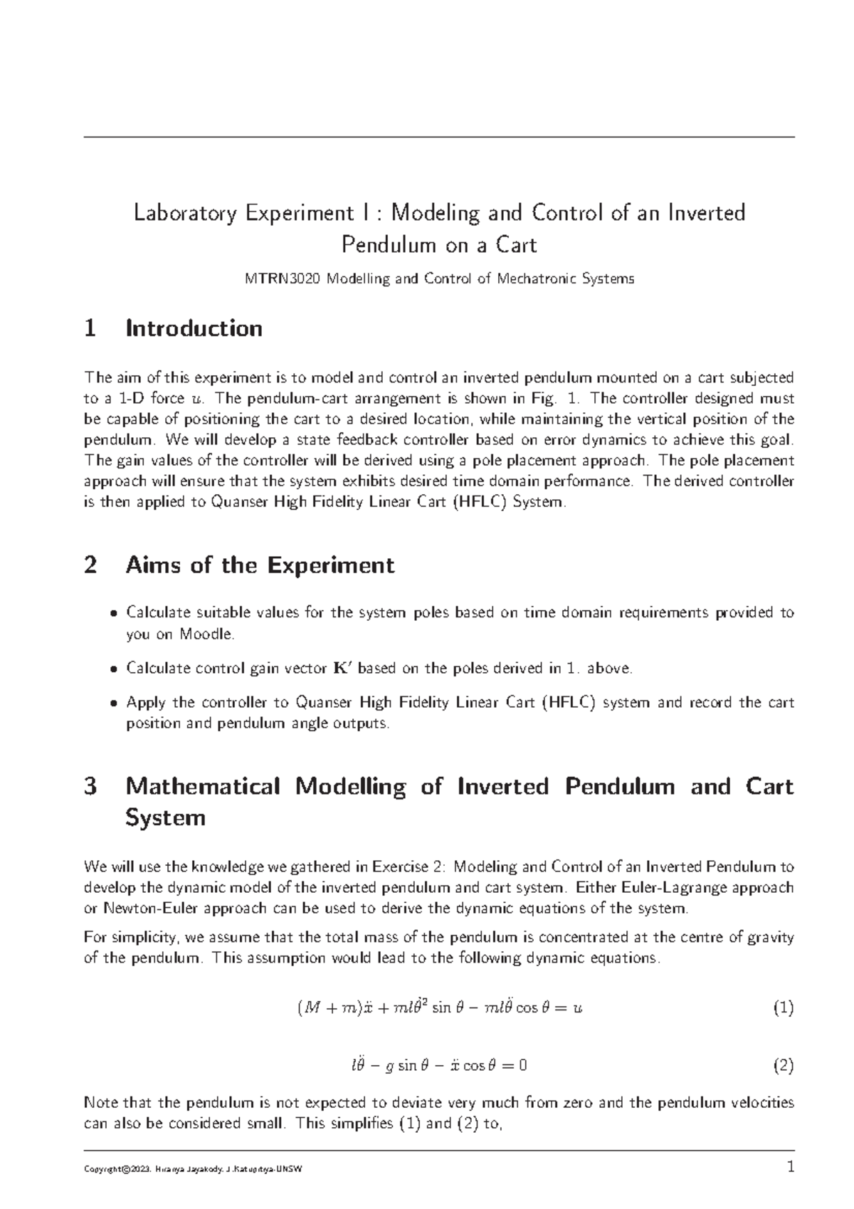 Inverted Pendulum - Laboratory Experiment I : Modeling and Control of an Inverted Pendulum on a ...
