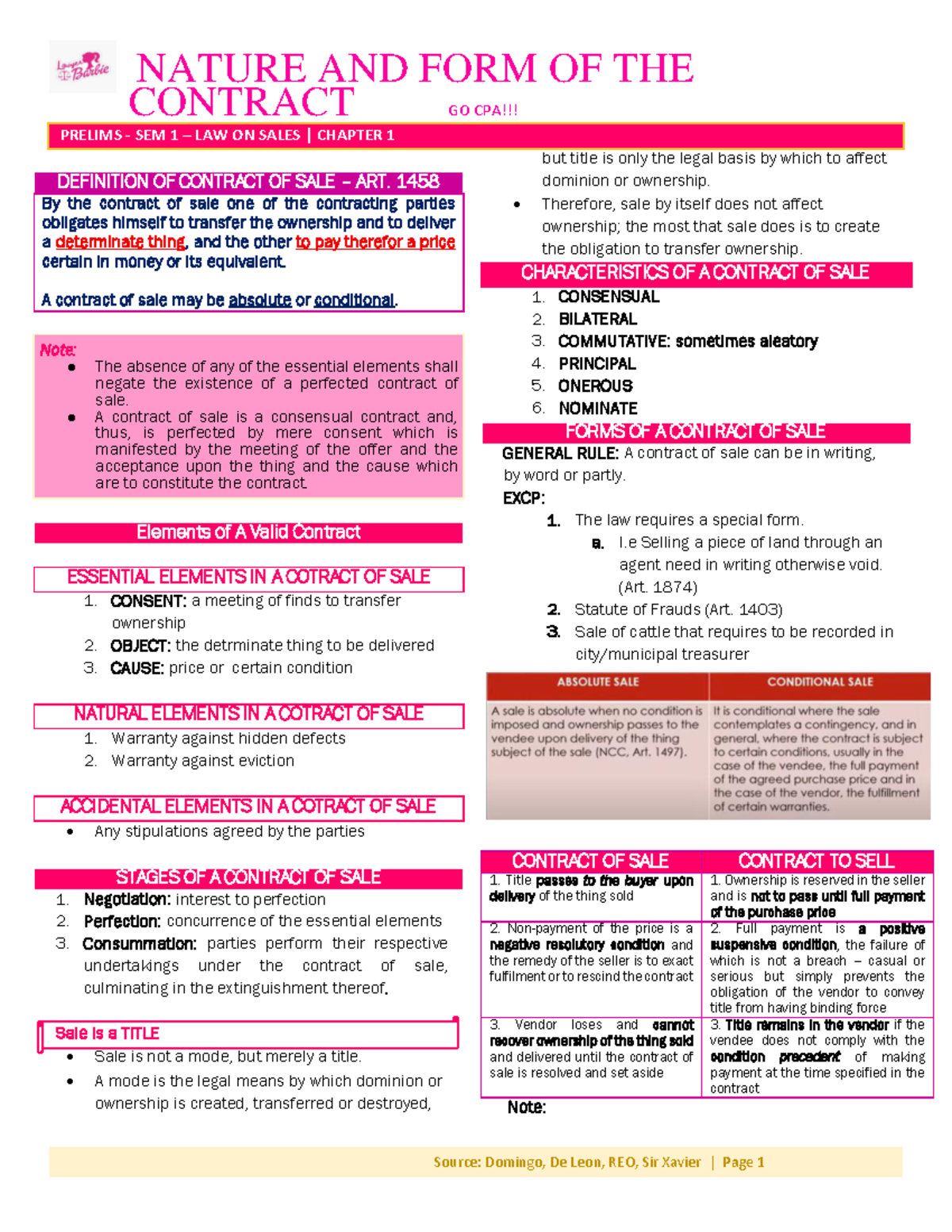 NATURE AND FORM OF THE CONTRACT GO PRELIMS SEM 1 LAW ON SALES CHAPTER 1 ...
