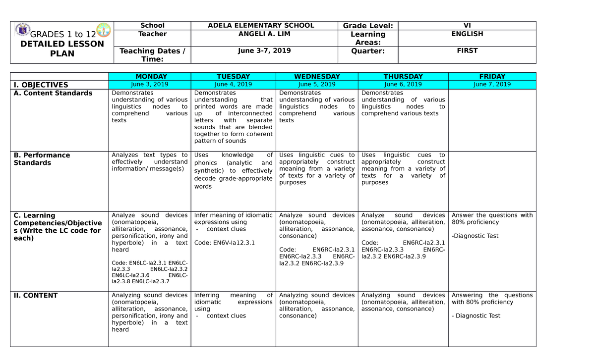 DLP 1ST Quarter 1ST WEEK English VI JUNE 3-7, 2019 - GRADES 1 to 12 ...