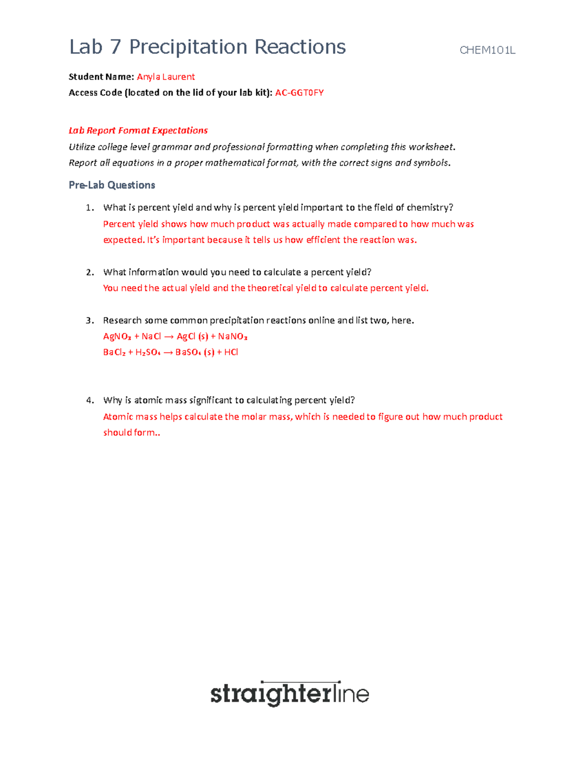 CHEM101L Lab 7: Precipitation Reactions and Percent Yield Analysis ...