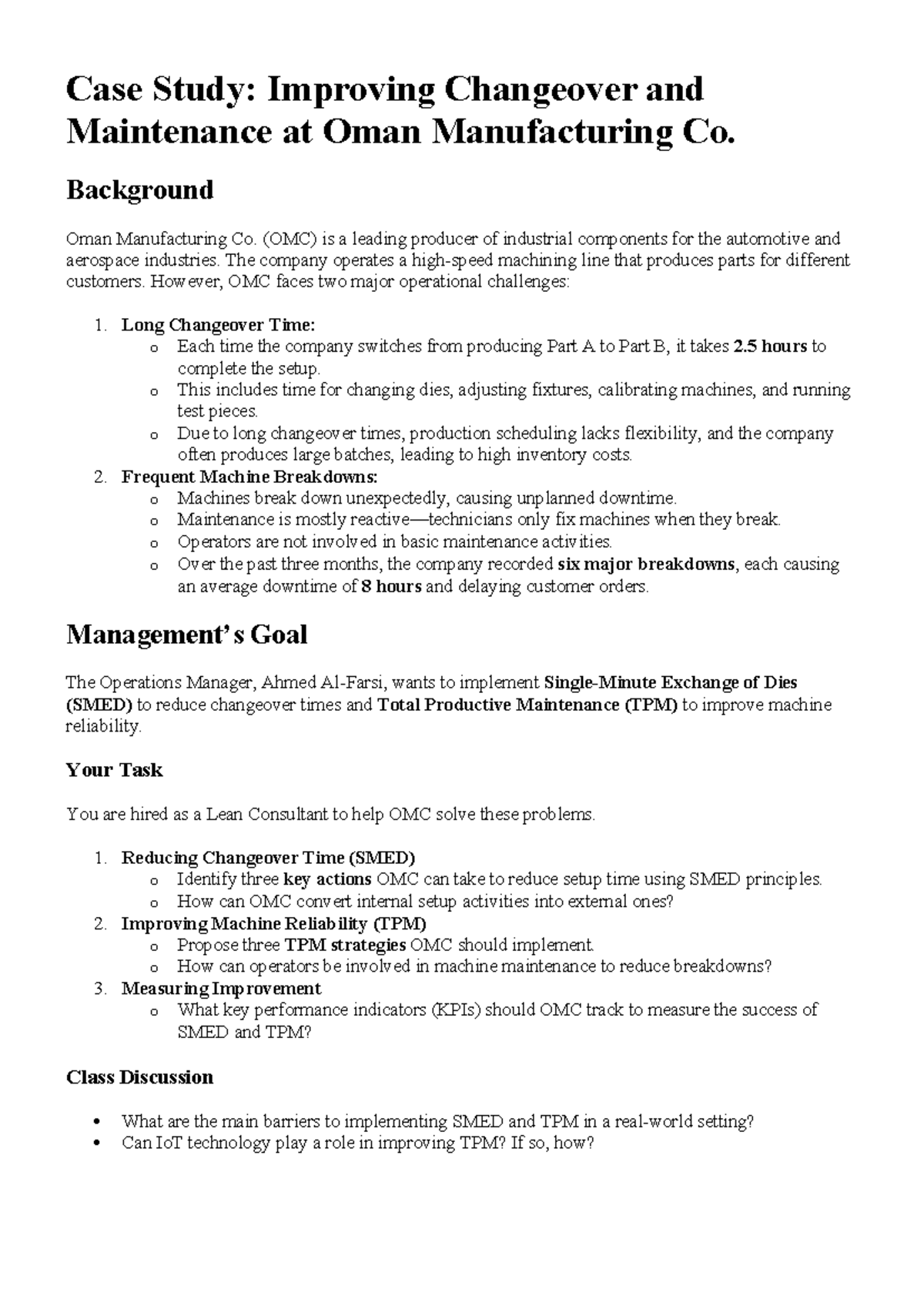 Case Study: SMED & TPM Strategies for Oman Manufacturing Co. - Studocu