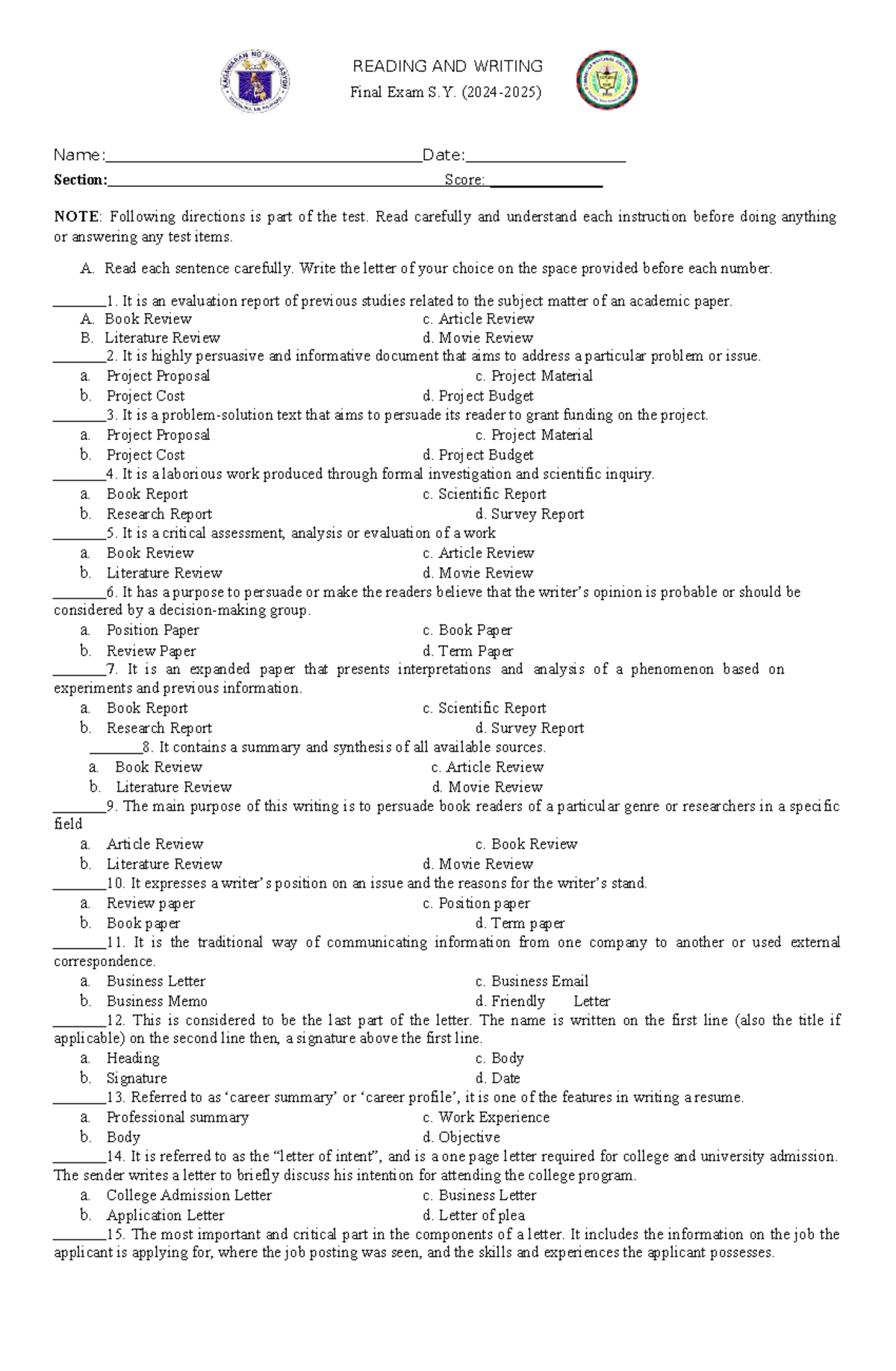 Reading and Writing Final Exam S.Y. - Comprehensive Review Questions ...