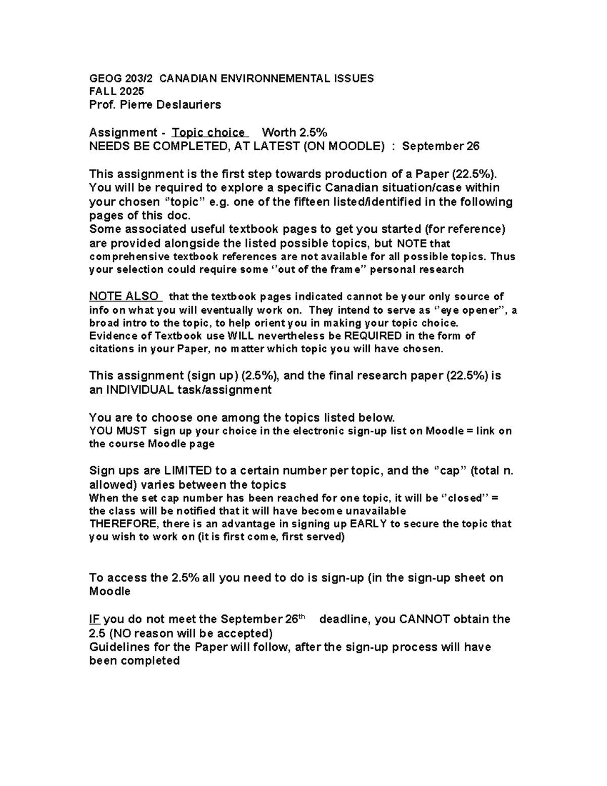 GEOG 025 G203 Canadian Environmental Issues Assignment Topic Selection ...