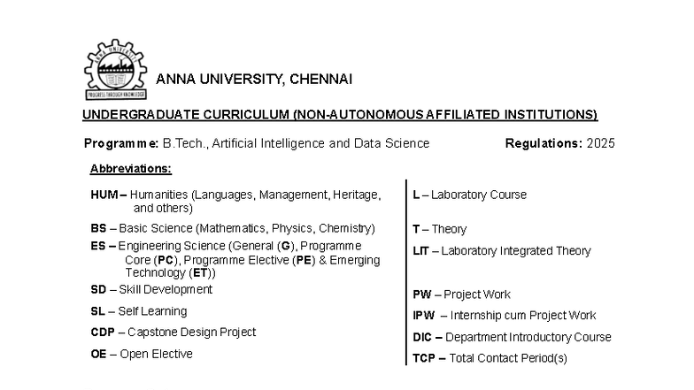 B.Tech. AI and DS - syllabus - ANNA UNIVERSITY, CHENNAI UNDERGRADUATE ...