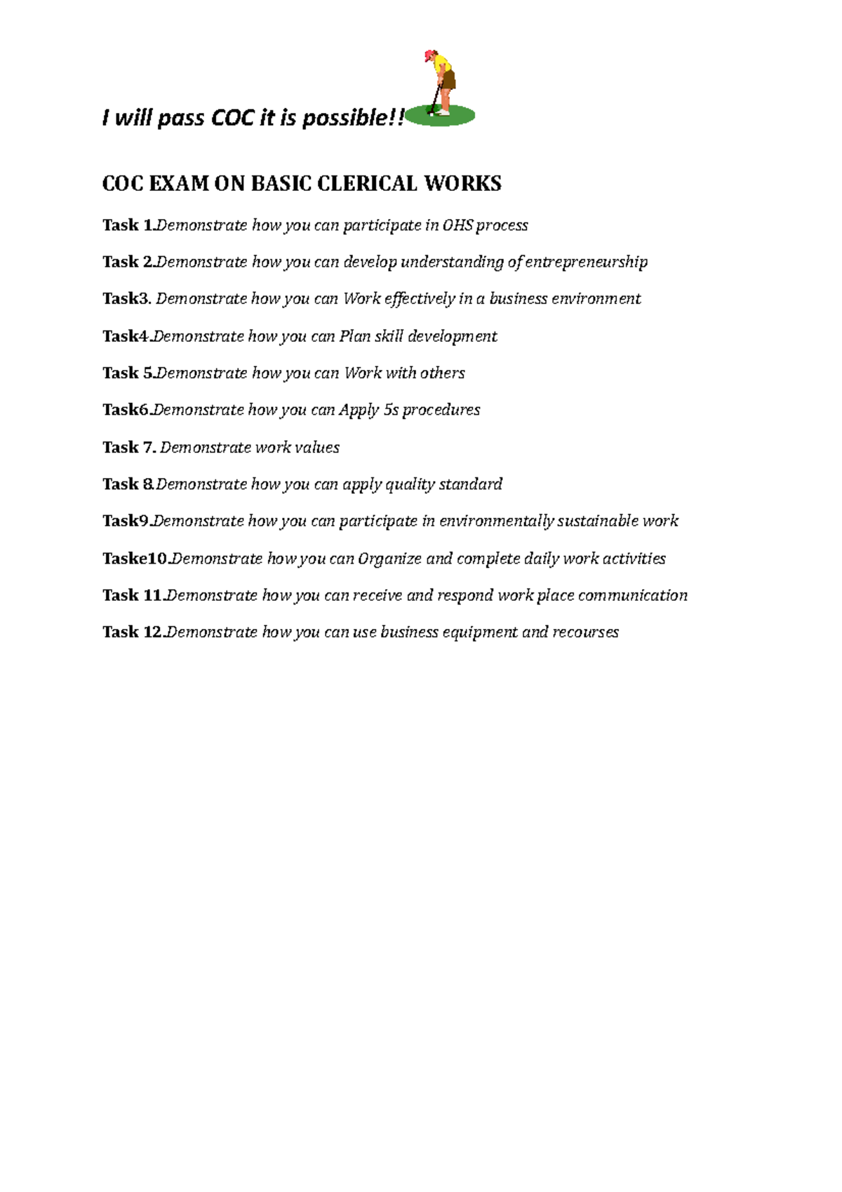 COC EXAM: Basic Clerical Works and Entrepreneurial Skills - Studocu