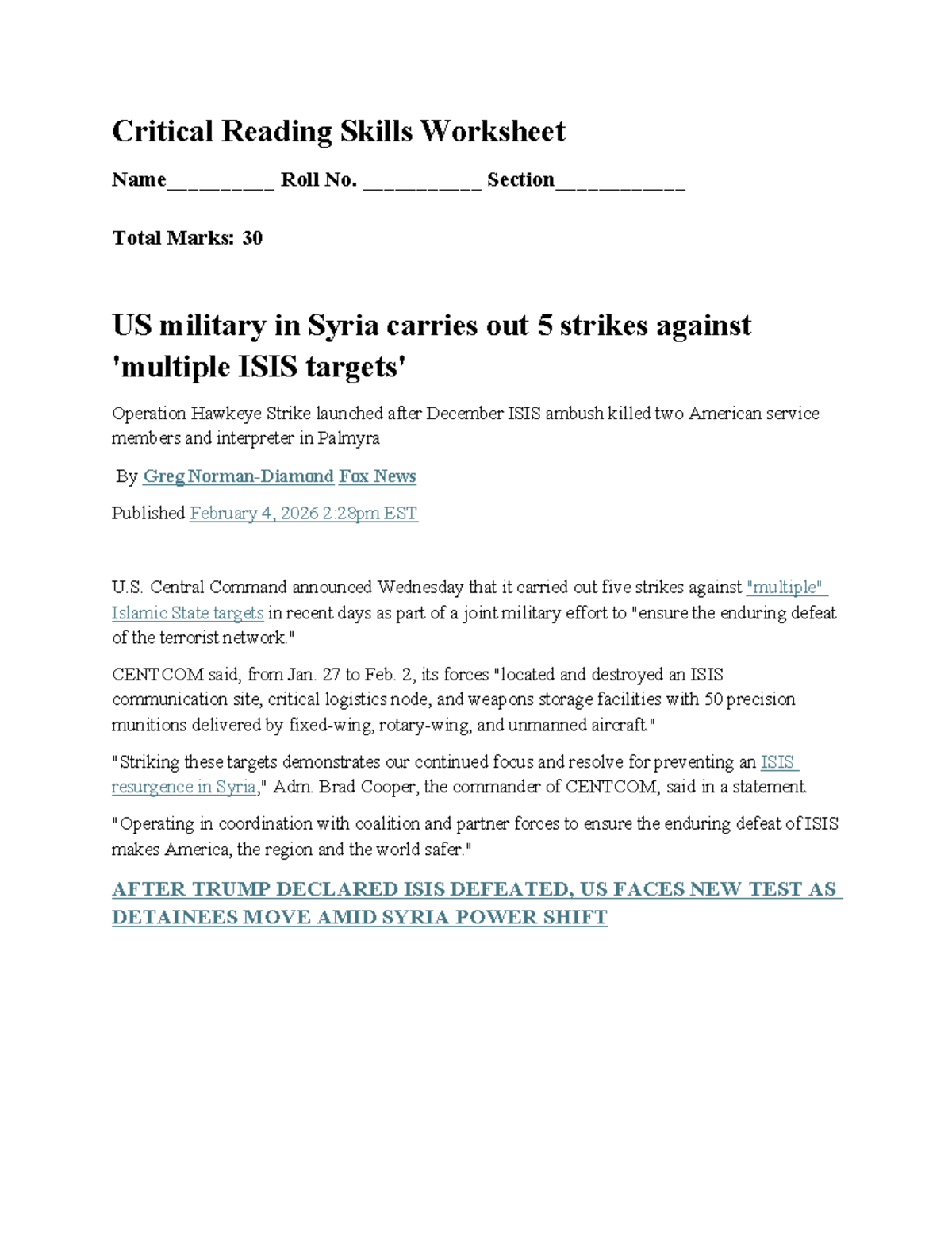 Critical Reading Skills Worksheet: US Military Actions in Syria ...