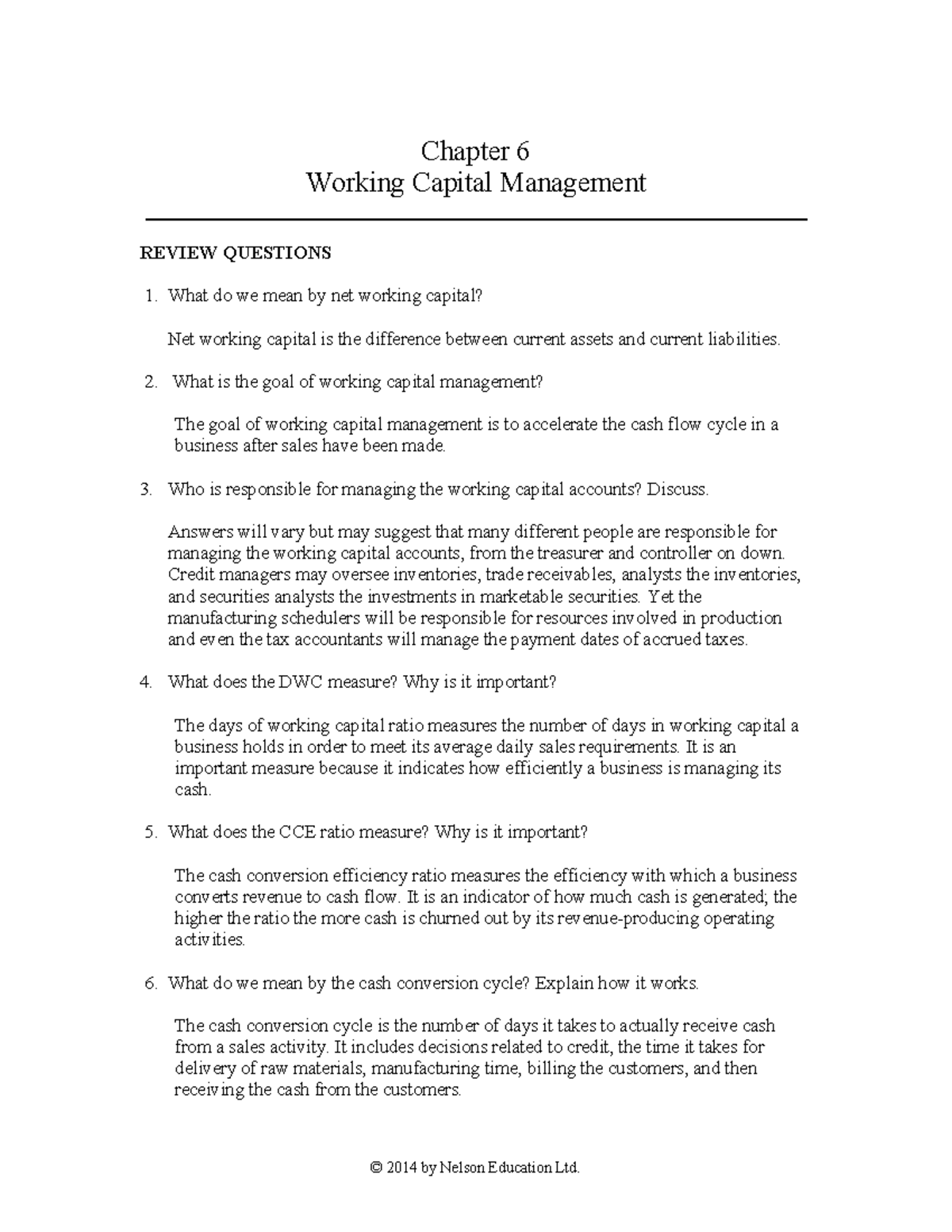 Chapter 6 Questions on Working Capital Management WITH SOLUTIONS - Studocu