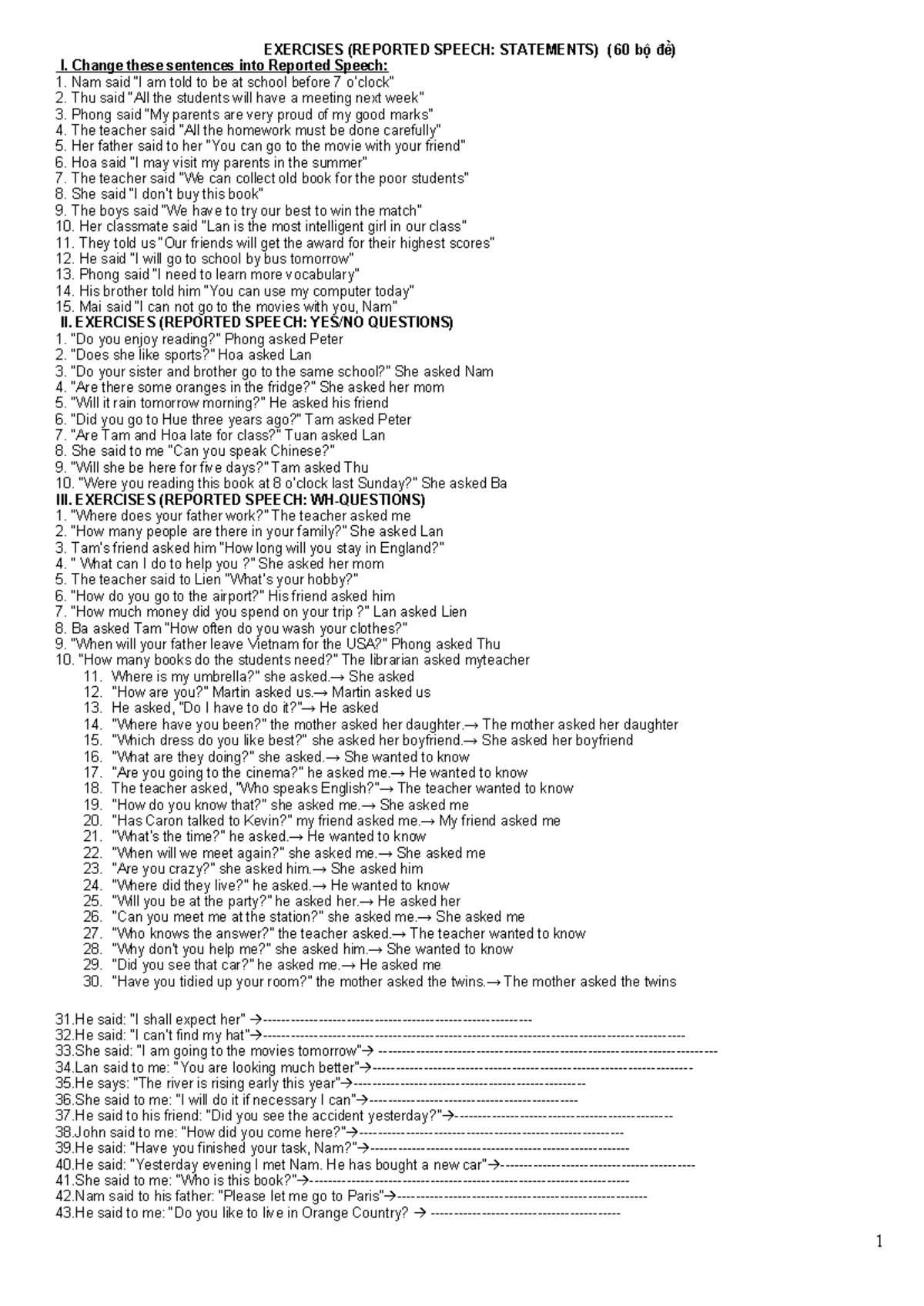 Reported Speech Exercises (60 bộ đề) - Studocu