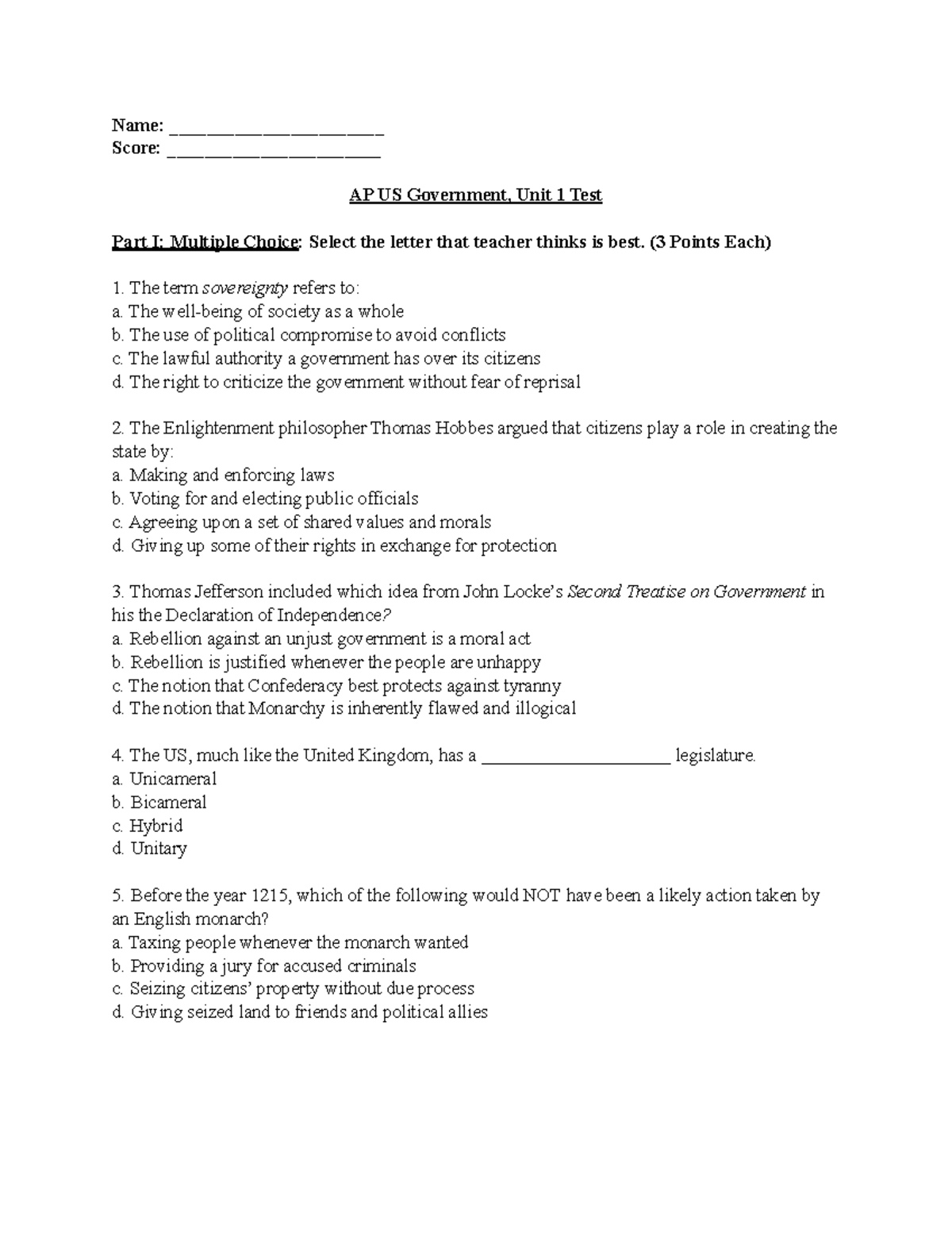 AP US Government (AP Gov) Unit 1 Practice Test: Multiple Choice & Essay ...