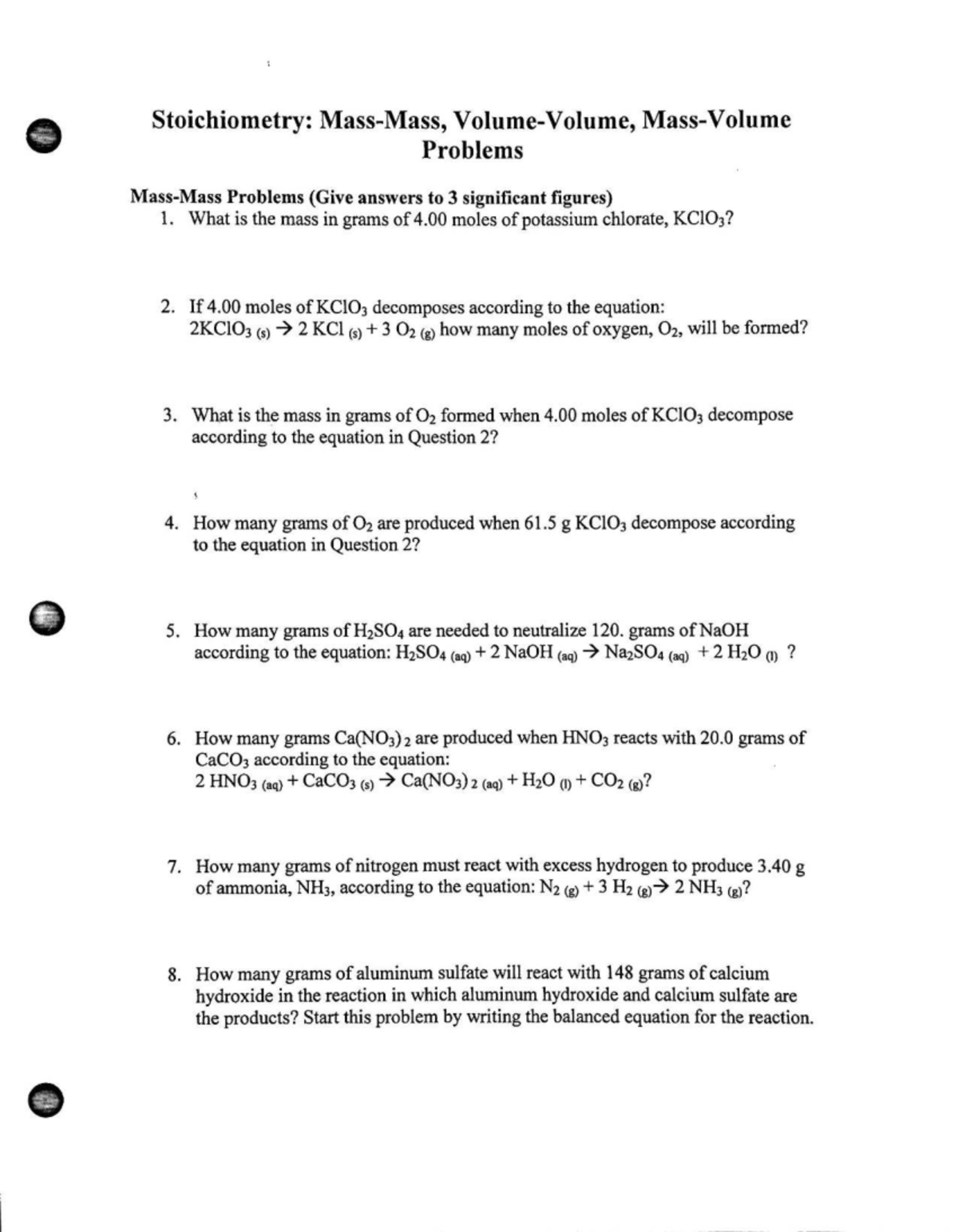 Stoichiometry Problems (Hchem) - Significant Figures Solutions - Studocu
