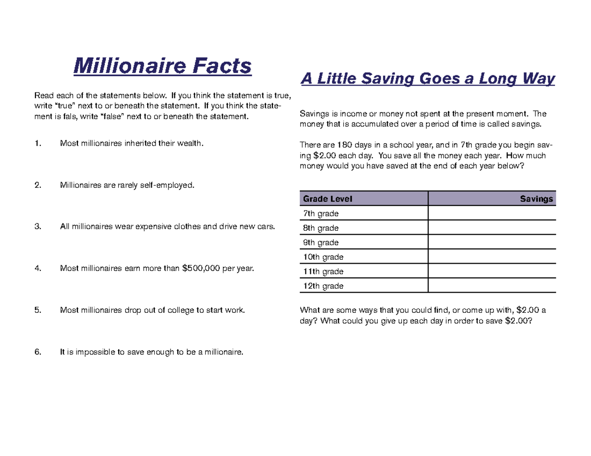 Grow Your Money Handout - Millionaire Facts 1. ment is fals, write ...