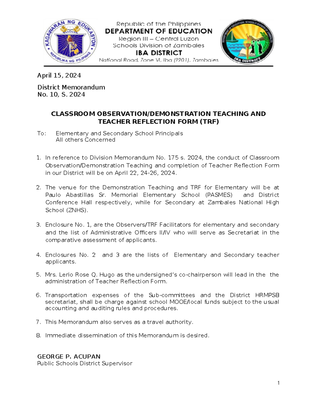 CLASSROOM OBSERVATION DEMO TEACHING & TRF - DISTRICT MEMO NO. 10 S ...