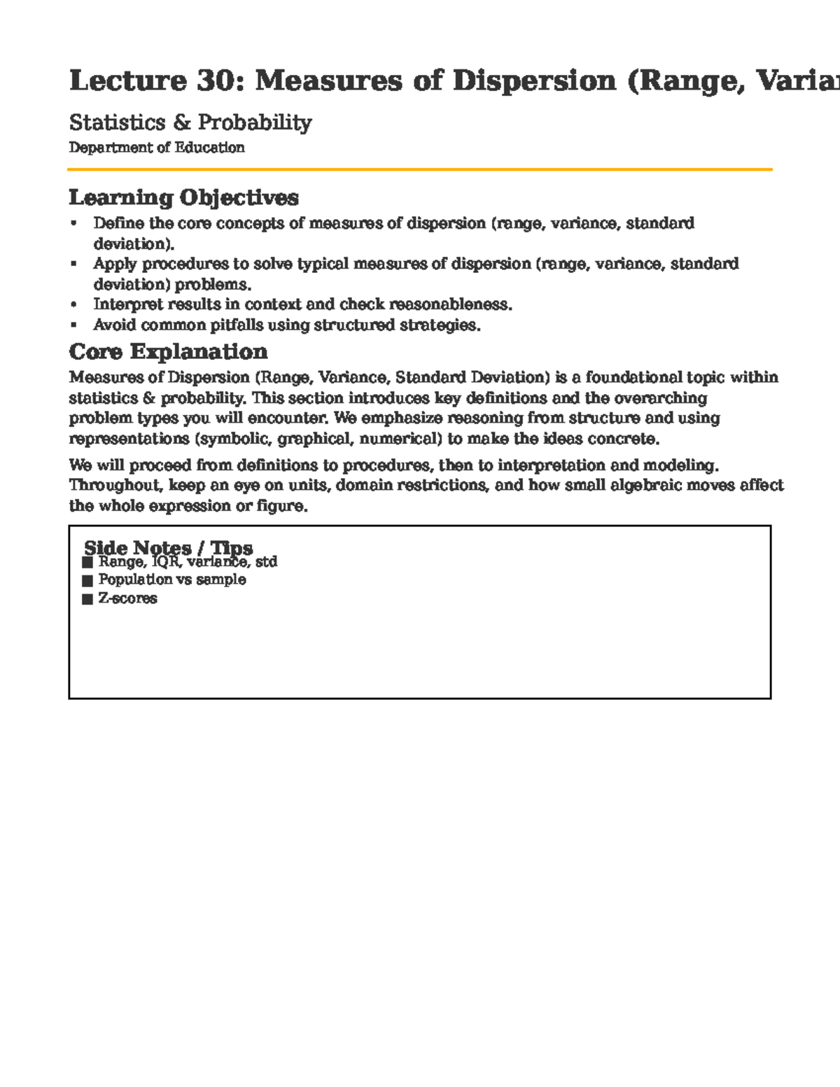 Lecture 30: Measures of Dispersion - Range, Variance & Std Dev - Studocu