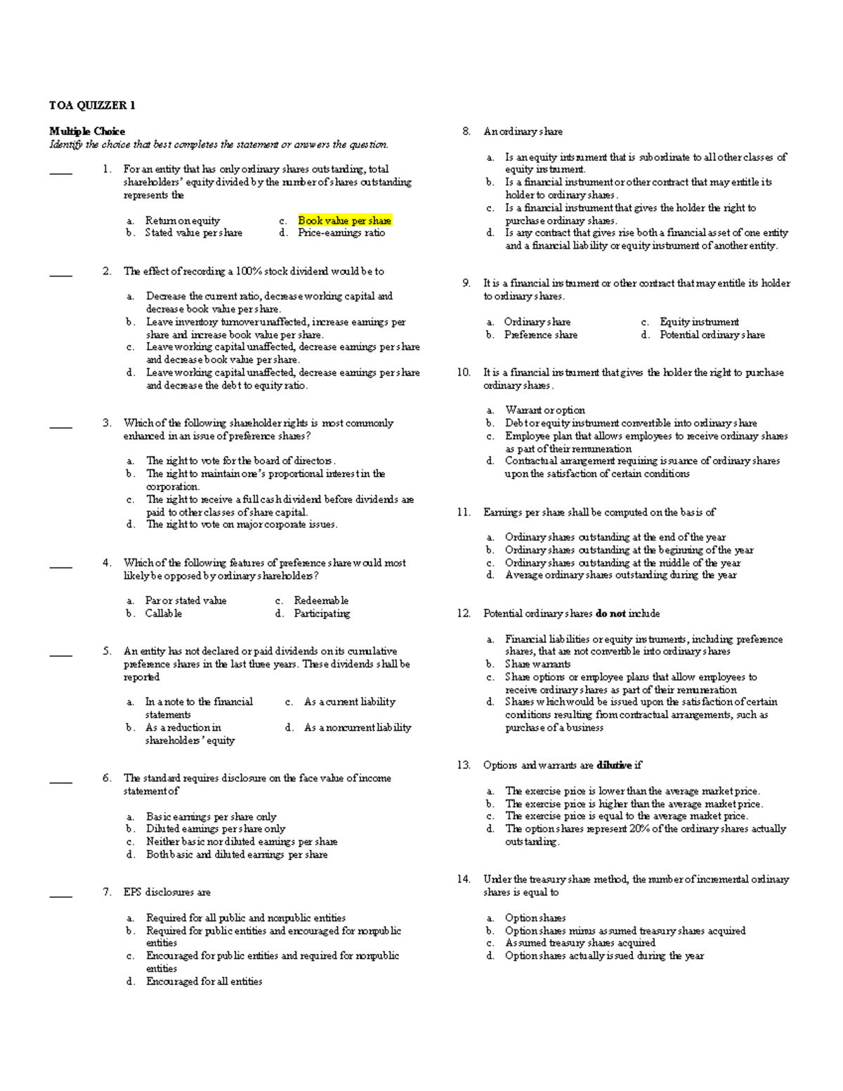 TOA QUIZZER 1: Multiple Choice Questions Review for Intacc - Studocu