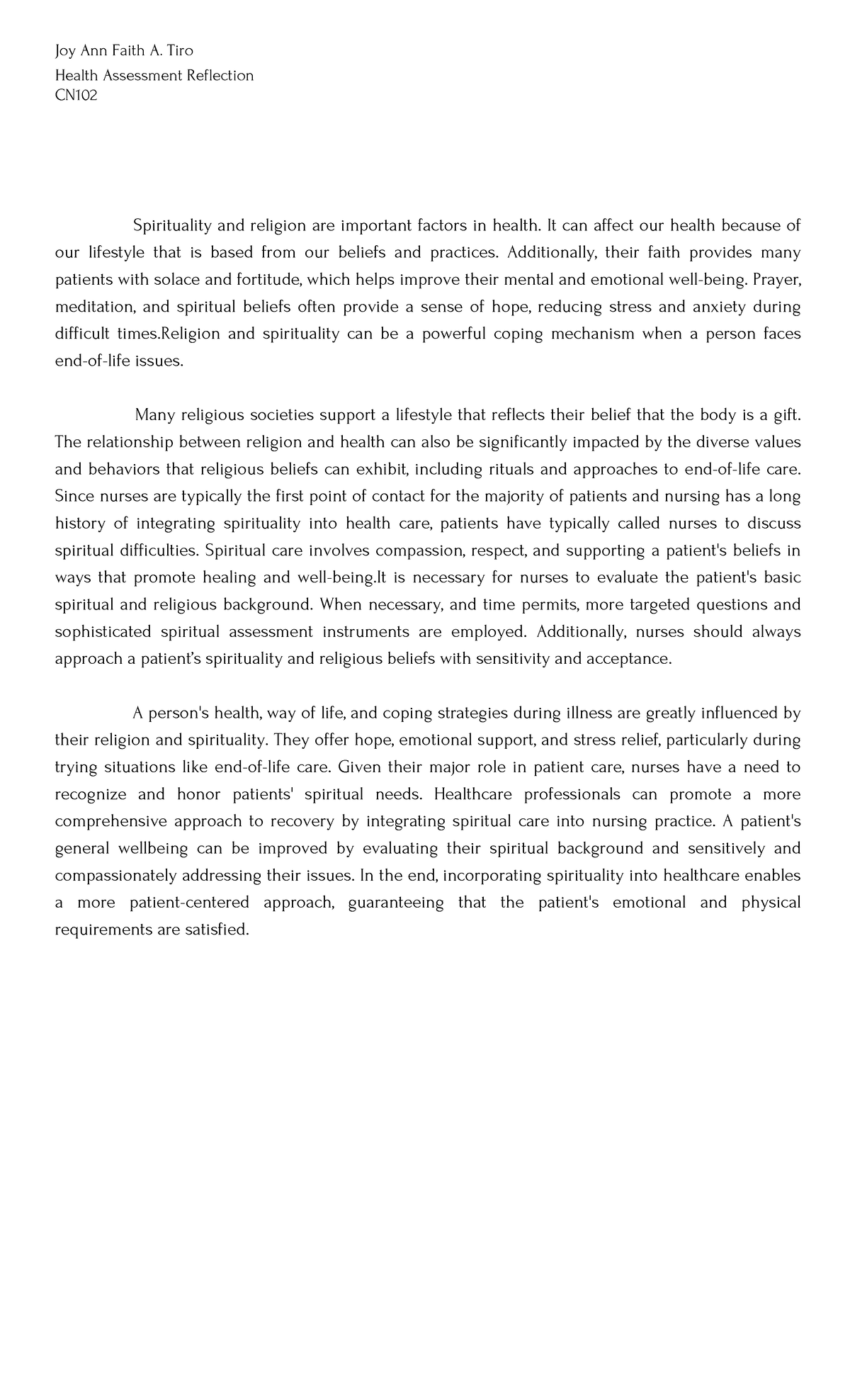 Health Assessment Reflection on Spirituality and Religion CN102 - Studocu