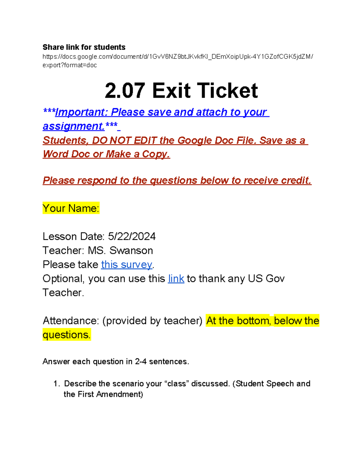 2.07 Exit Ticket - Student Responses on Speech & Amendment - Studocu