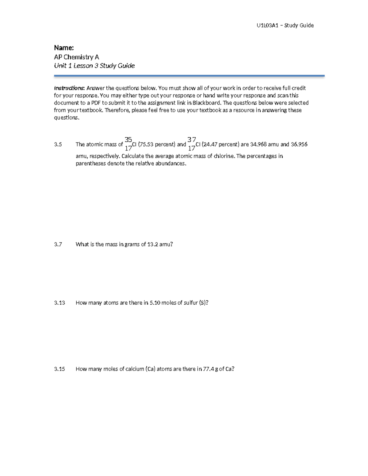 U1L03A1 AP Chemistry Unit 1 Lesson 3 Study Guide - Studocu