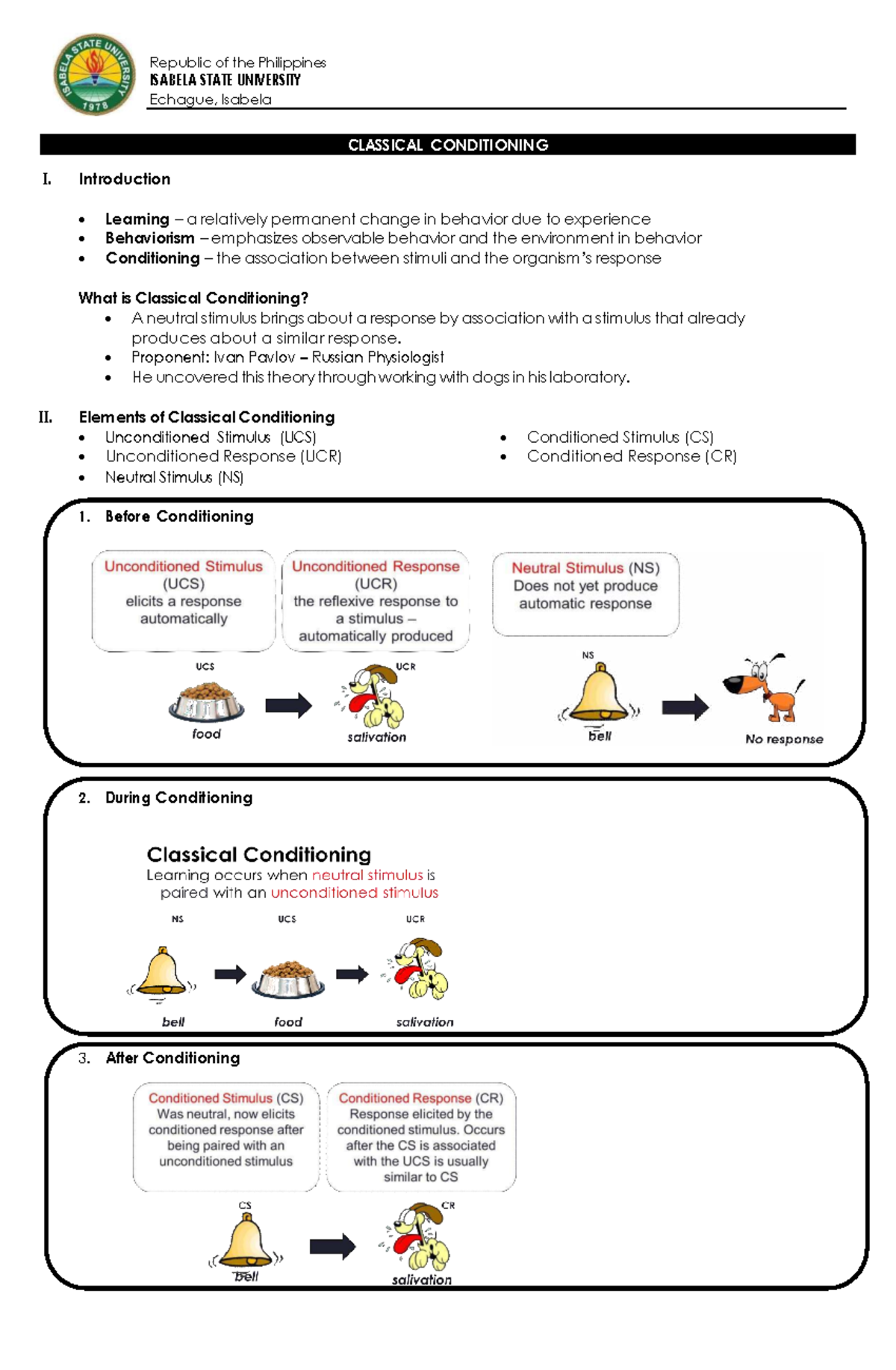 ISABELA STATE UNIVERSITY: Classical Conditioning Overview - Studocu