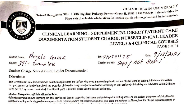 CHAMBERLAIN UNIVERSITY Level 3 Clinical Courses Direct Patient Care ...