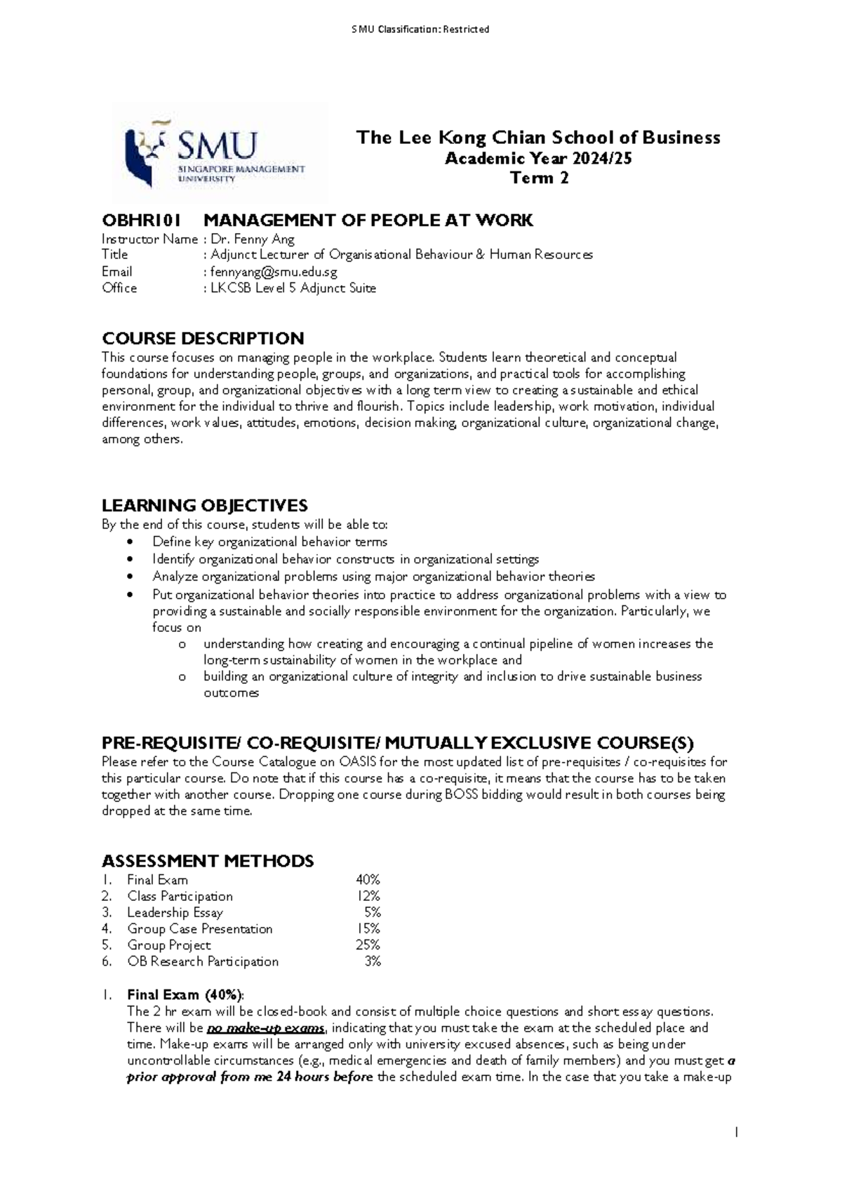 OBHR101 Management of People at Work - Course Outline AY24-25 T2 - Studocu