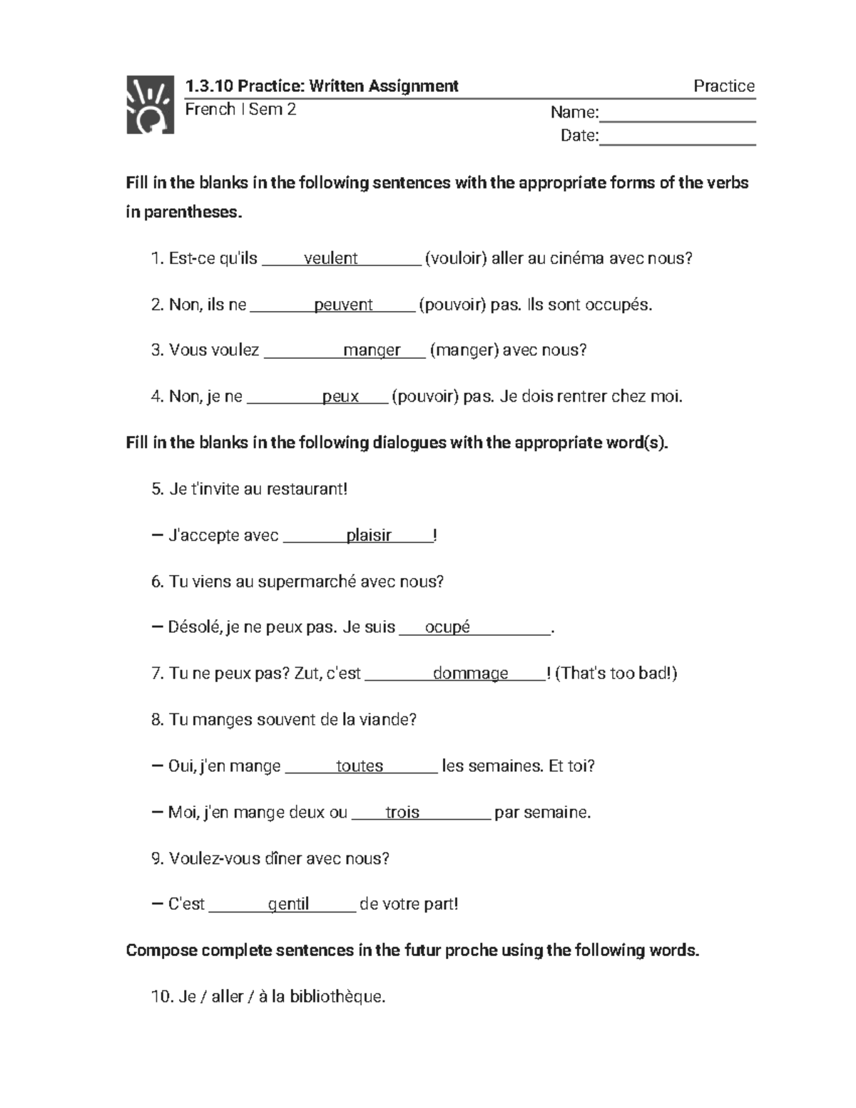 1.3.10 Practice: Written Assignment for French I Sem 2 - Studocu