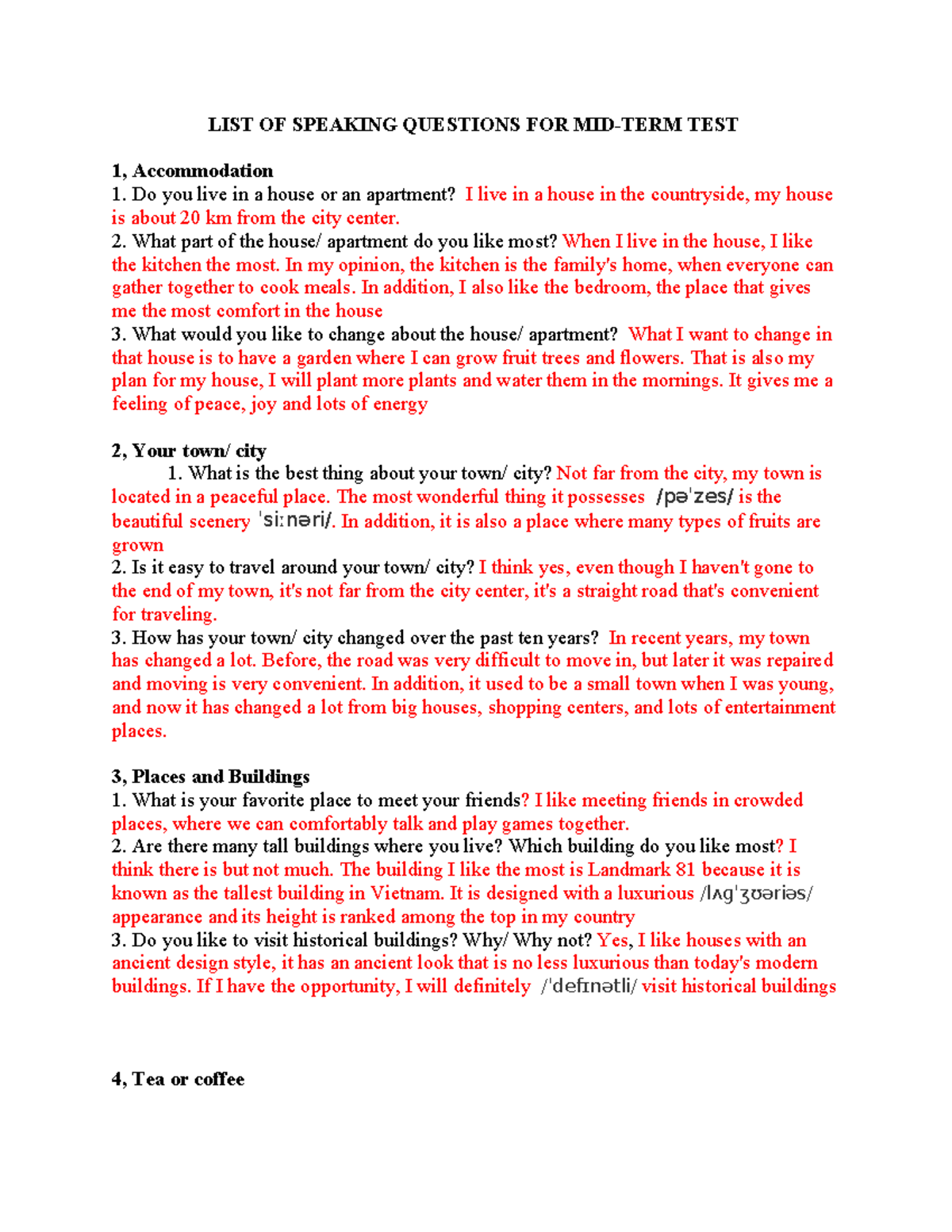 LIST OF Speaking Questions FOR MID - LIST OF SPEAKING QUESTIONS FOR MID ...