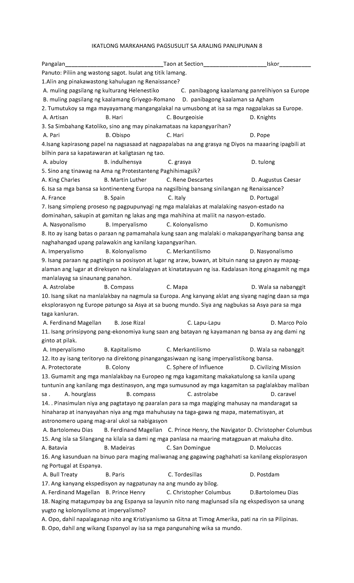 G8 AP Ikatlong-Markahang-Pagsusulit - IKATLONG MARKAHANG PAGSUSULIT SA ARALING PANLIPUNAN 8 ...