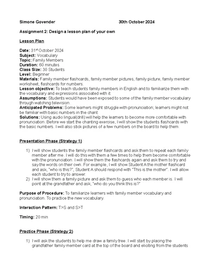 Assignment 2 Lesson Plans - TEFL ON THE Beach - Assignment 2: Lesson Plans INTRODUCTION Before ...