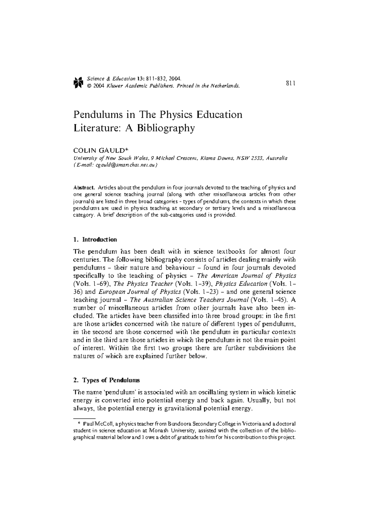 Pendulums in Physics Education: A Comprehensive Bibliography (PHYS 101 ...
