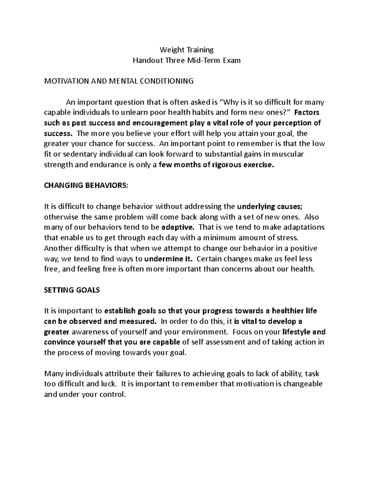 WT Handout 3 Mid Term - Weight Training Handout Three Mid-Term Exam ...