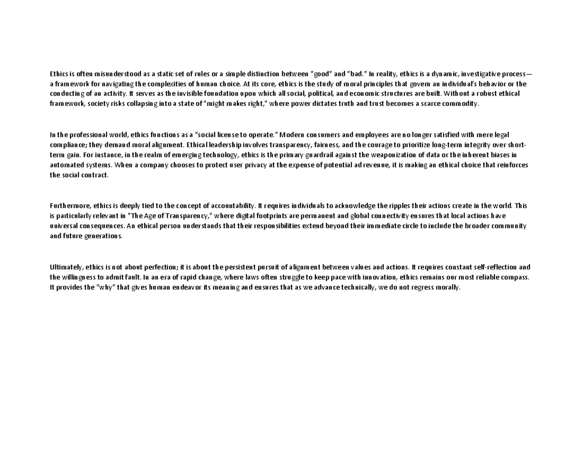 Ethics Essay: Navigating Moral Principles in Modern Society - Studocu