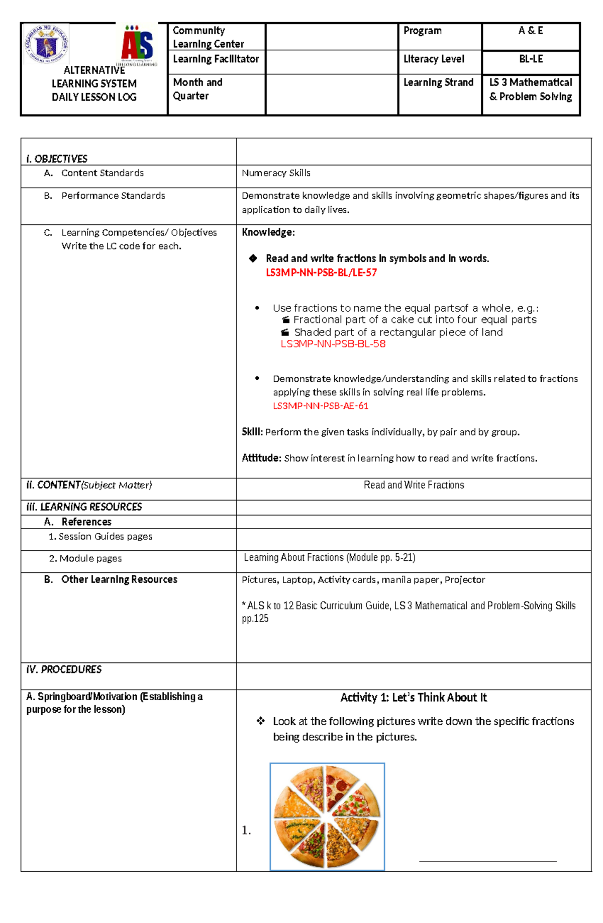 Week 4 - LS3 Curriculum DLL: Read and Write Fractions Lesson Plan - Studocu