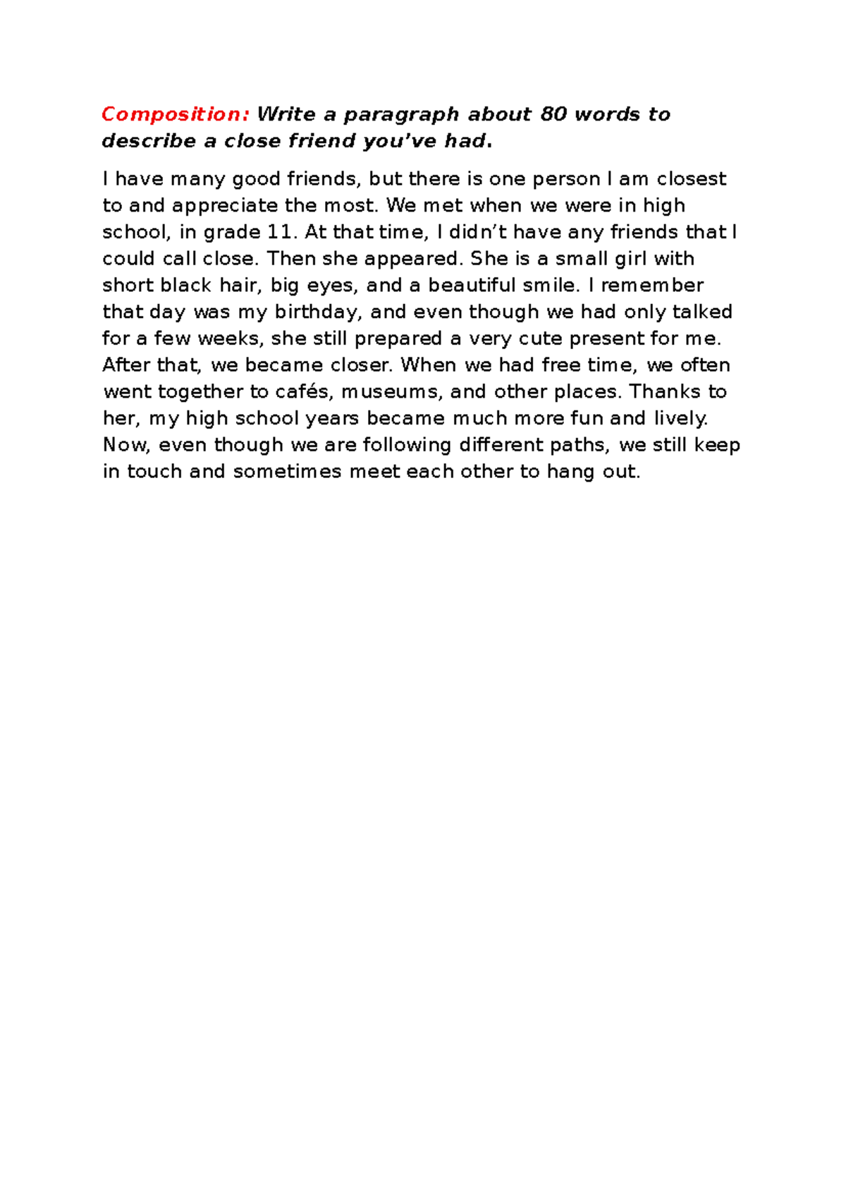 Composition: Describing My Closest Friend in 80 Words - Studocu