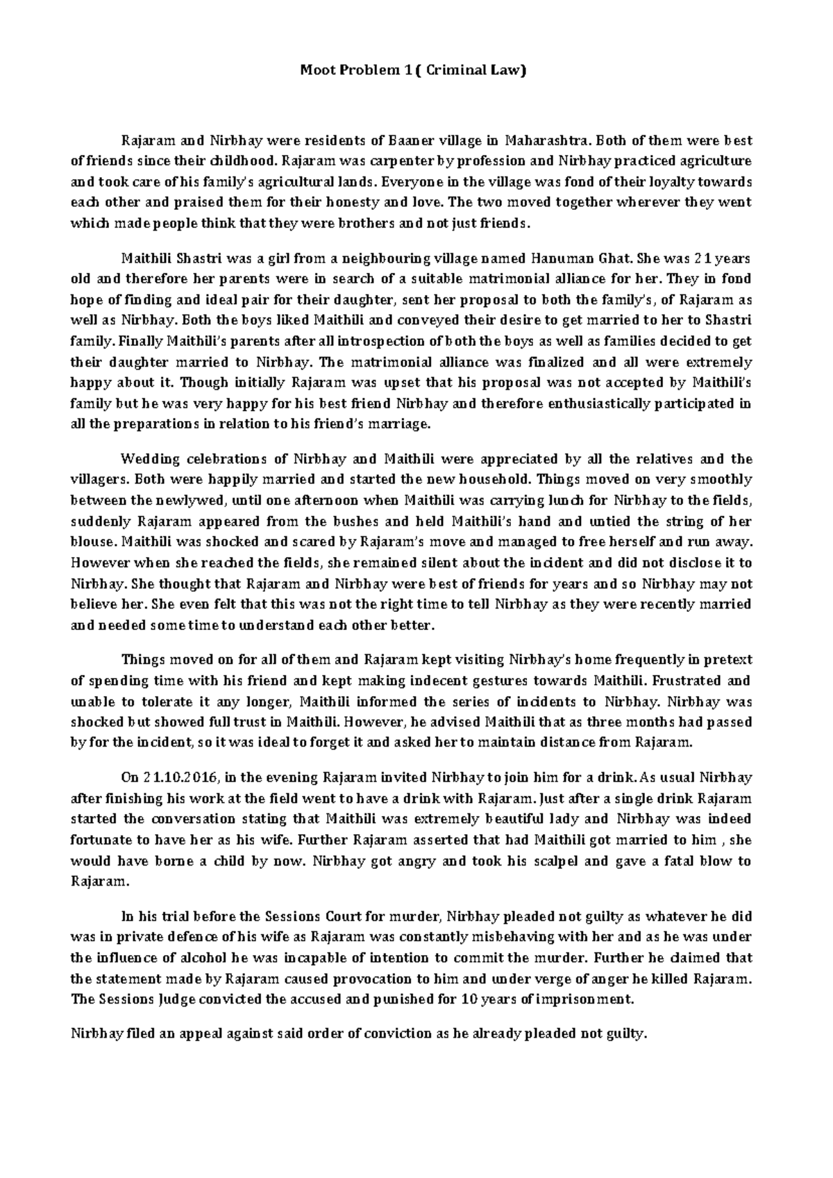 1. Moot Problem -criminal - Moot Problem 1 ( Criminal Law) Rajaram and ...