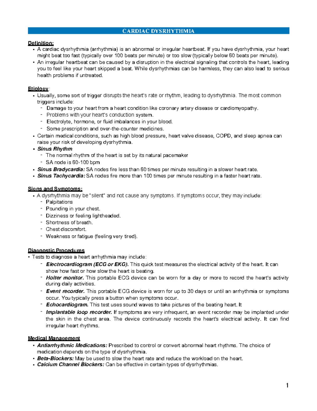 CARDIAC DYSRHYTHMIA: Definition, Types, and Management (CARD 101) - Studocu
