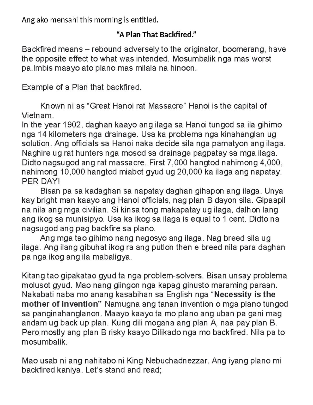A PLAN THAT BACKFIRED: Lessons from History and Faith - Values Ed - Studocu